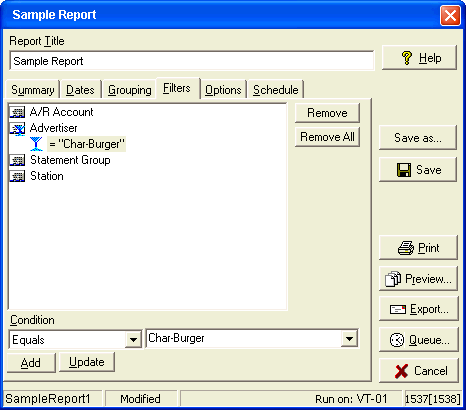 Sample Report - Report Options - Filters Tab