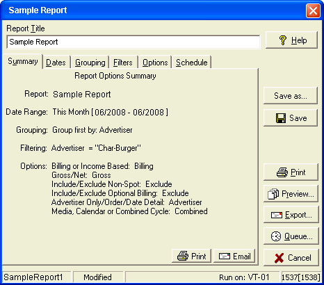 Sample Report - Report Options - Summary Tab